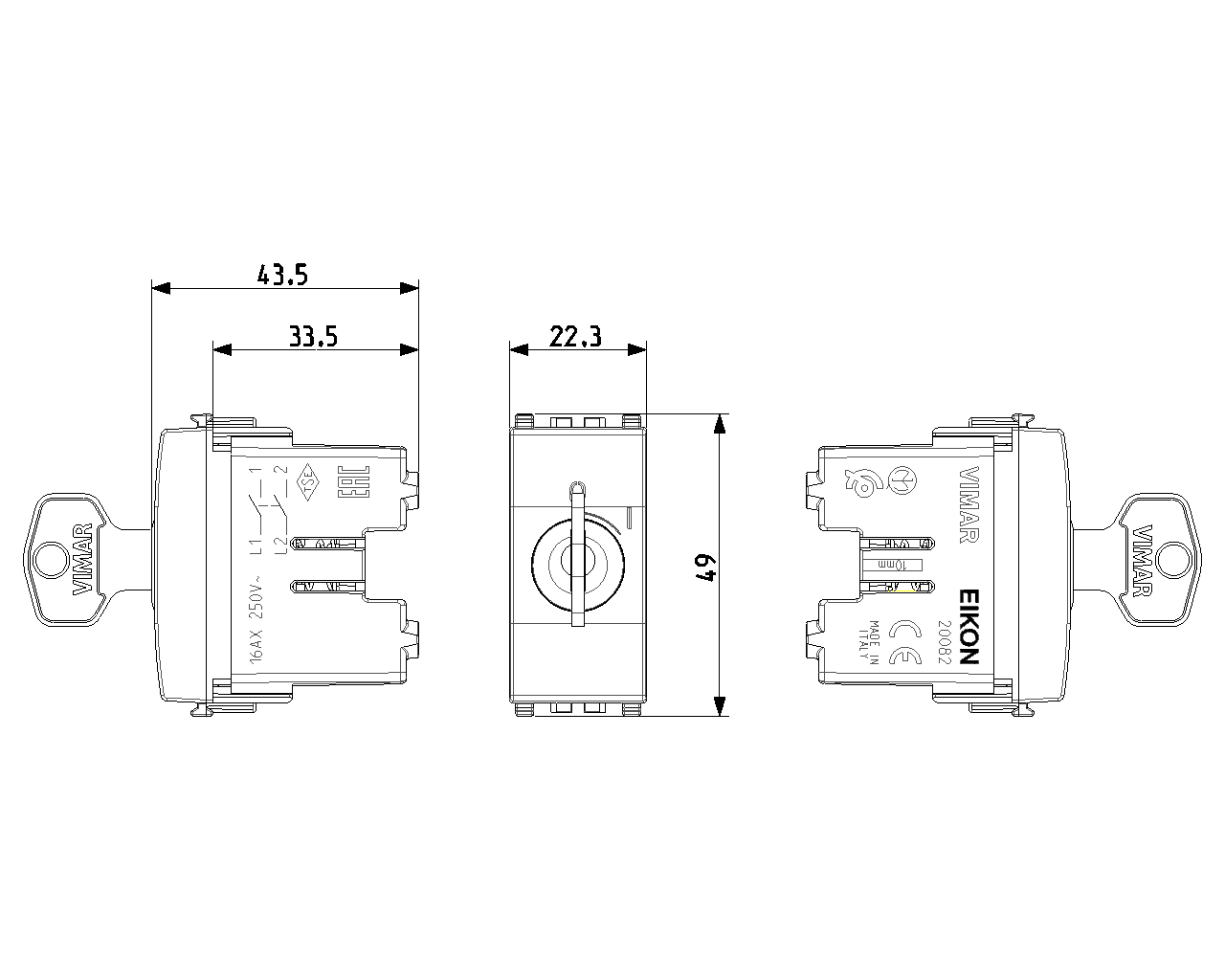 2P 16AX 1-way-switch +key in OFF grey - 20082